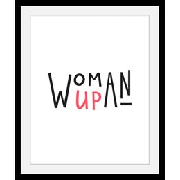 queence Bild &raquo;Woman&laquo; Fashion Frau Motivationsbilder Schriftzug Schwarz-Wei&szlig; HD Premium Poster-Druck inkl. Holzrahmen bunt Acrylglas, Holz, Papier