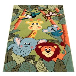 Paco Home Kinderteppich &raquo;Diamond 638&laquo; rechteckig 18 mm H&ouml;he 3D-Design, Motiv Dschungel Tiere, Kinderzimmer, Kundenliebling gr&uuml;n Obermaterial: 100%...