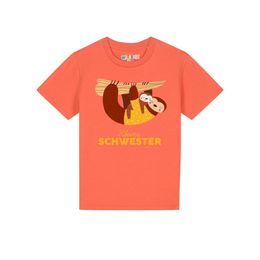 watabout.kids T-Shirt 'Faultier Kleine Schwester' Jungen Gr&ouml;&szlig;e 134/146 braun / hellbraun / orange / koralle