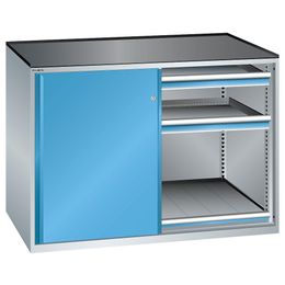 LISTA Schiebet&uuml;renschrank, Traglast Auszugboden 75 kg, 4 Schubladen, 2 Auszugb&ouml;den, lichtgrau / lichtblau