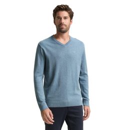 Tom Tailor Herren V-Ausschnitt-Pulloverfaded blau melange, Gr. L, meliert, Strick, Obermaterial: 100% Baumwolle, Pullover, mit kleiner Logo-Stickerei