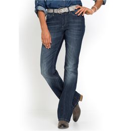 Bootcut-Jeans bonprix, Damen, Gr. 42, N-Gr, blau (dunkelblau used), Denim/Jeans, Obermaterial: 82% Baumwolle, 17% Polyester, 1% Elasthan, unifarben, slim fit lang, Jeans