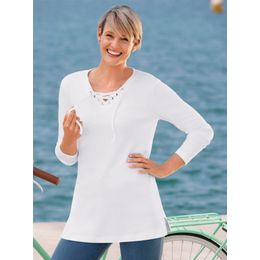 Langarmshirt Classic Basics "Shirt", Damen, Gr. 42, beige (ecru), 100% Baumwolle, unifarben, V-Ausschnitt, Shirts Langarmshirt