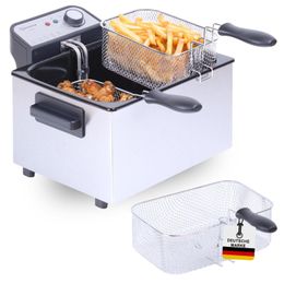 Sommertal XXL Doppel-Fritteuse mit &Ouml;l oder Fett &ndash; 3 K&ouml;rbe, 5 Liter, 3000 Watt, Kaltzone, DF3270 &ndash; echte Edelstahl Fritteuse f&uuml;r knusprige Pommes