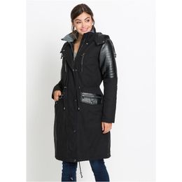 bonprix Damen bonprix Langjacke mit Kapuze Long-Parka mit Lederimitateinsatz schwarz 36