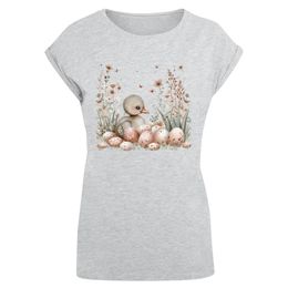 F4NT4STIC Extended Shoulder T-Shirt Ente Ostereier Blumen K&uuml;ken in grau meliert | Gr.: 4XL