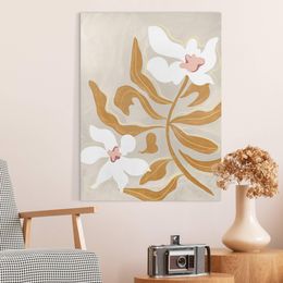 Bilderwelten Leinwandbild Wei&szlig;e Bl&uuml;ten mit gelben Bl&auml;ttern - Wandbild bis XXL Print Blumen Floral Kunstdruck Wohnzimmer Schlafzimmer