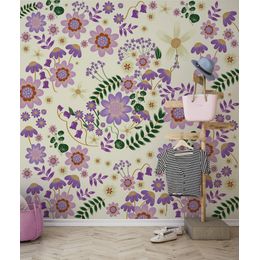 Kindertapete Komar "Disney Minnie Mouse Gardening Club Beige", beige (beige,lila), B:250m H:250m, Vlies, Tapeten