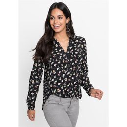 Langarmbluse bonprix, Damen, Gr. 42, schwarz (schwarz gebl&uuml;mt), Obermaterial: 100% Viskose, oversize, Blusen