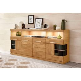 Sideboard Home Affaire "RIBE20 Fronten massiv,Korpus Melamin, 2 Türen mit Glaseinsatz", braun (eichefarben), B:180cm H:80cm T:35cm, Holz teilmassiv, Sideboards, Sideboard, Holz massiv, Holzwerkstoff, Metall Griffe,2Türen mit Glaseinsatz
