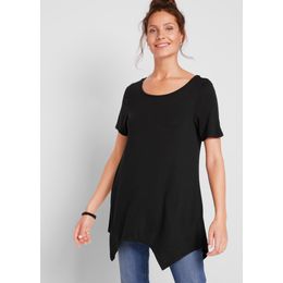 Longshirt bonprix "Zipfel Longshirt, kurzarm", Damen, Gr. 56/58 (XXXL), schwarz, Obermaterial: 95% Viskose, 5% Elasthan, A-Linie, Shirts Longshirt, Zipfel Longshirt, kurzarm