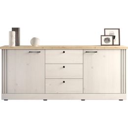Sideboard Home Affaire "Country Breite 211 cm, Kommode 2 Türen u. 3 Schubkästen, Anrichte", beige (eiche meringa nb, eiche cadiz nb), B:211cm H:88cm T:44cm, Sideboards, Sideboard, im Landhausstil, viel Stauraum, mit Metallgriffe, MDF Rahmen