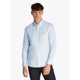 Langarmhemd Tommy Hilfiger "LINEN BLEND SOLID Regular Fit SHIRT", Herren, Gr. XL, N-Gr, blau (breezy blau), Web, Obermaterial: 52% Baumwolle, 48% Leinen, unifarben, regular fit hüftlang, Rundhals, mit Knopf,Ärmel mit Ärmelschlitz 1-Knopf-Manschette, Hemden, mit Button-down-Kragen