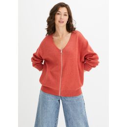 Strickjacke bonprix, Damen, Gr. 36/38 (S), rosa (rhabarber meliert), Obermaterial: 50% Baumwolle, 50% Polyacryl, bequem, Strickjacken Strickjacke