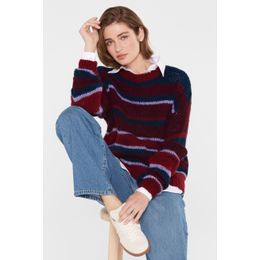 Rundhalspullover SENSES.THE LABEL, Damen, Gr. L, lila (deep plum), Material: 67% Polyacryl, 14% Polyester, 12% Polyamid, 7% Elasthan, gestreift, regular fit normal, Rundhals, eingesetzt Rippb&uuml;ndchen, Pullover Rundhalspullover, aus Flauschstrick