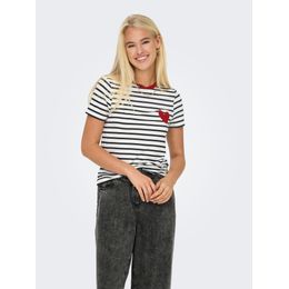 Kurzarmshirt Only "ONLHEART LIFE S/S TEE JRS NOOS", Damen, Gr. L, rot (cloud dancer stripes:night sky, rot heart), Jersey, Obermaterial: 95% Viskose, 5% Elasthan, gestreift, regular fit normal, Rundhals, Shirts