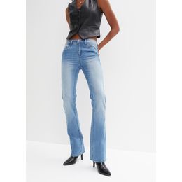 Schlagjeans bonprix "Flared Jeans Mid Waist, Stretch", Damen, Gr. 42, N-Gr, blau (hellblau denim), Obermaterial: 82% Baumwolle, 17% Polyester, 1% Elasthan, slim fit, Jeans, Flared Jeans Mid Waist, Stretch