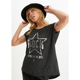 Longshirt bonprix, Damen, Gr. 40/42 (M), schwarz (schwarz bedruckt), Obermaterial: 50% Polyester, 50% Viskose, schmal, Shirts Longshirt, Longshirt aus softem Viskose-Mix
