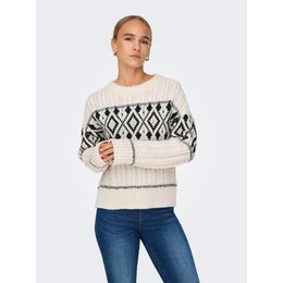 Strickpullover Only "ONLMARENT L/S PULLOVER KNT NOOS", Damen, Gr. XS, wei&szlig; (cloud dancer detail:schwarz), Strick, Obermaterial: 55% Polyester, 40% Polyamid, 5% Nylon, gemustert, regular fit normal, Rundhals, Rippstrickb&uuml;ndchen, Pullover Strickpullover, mit Strickmuster