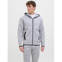 Jack & Jones Sweatjacke JACK & JONES "JCOFUSION SWEAT ZIP HOOD NOOS", Herren, Gr. XS, grau (light grau melange detail:new lgm), angeraute Sweatware, Obermaterial: 58% Polyester, 42% Baumwolle, meliert, regular fit hüftlang, Rundhals, Rippbündchen, Sweatjacken Sweatjacke