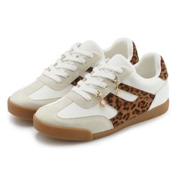 Sneaker Lascana, Jungen, Gr. 36, weiß, leo, Obermaterial: 100% Lederimitat. Decksohle: 100% Textilmaterial. Futter: 100% Textilmaterial. Laufsohle: 100% Synthetik, animal-print, unifarben, Schuhe, Schnürhalbschuh, Freizeitschuh mit abnehmbaren Schmucksteinen VEGAN