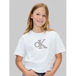 T-Shirt Calvin Klein Jeans "FESTIVE GRAPHIC SS T-SHIRT", M&auml;dchen, Gr. 10 (140), wei&szlig; (hellwei&szlig;), Single Jersey, Obermaterial: 100% Baumwolle, unifarben, regular fit h&uuml;ftlang, Rundhals, Shirts T-Shirt, f&uuml;r Kinder bis 16 Jahre, Glitzer-Druck
