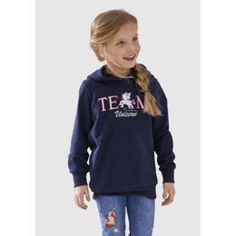 Kapuzensweatshirt Kidsworld "Longsweashirt mit Pailletten", Mädchen, Gr. 92/98, blau (marine), Sweatware, Obermaterial: 100% Baumwolle, bedruckt, Basic Po-bedeckend, Bündchen, Sweatshirts, Langarm, Basic-Passform, mit modischem Druck, mit Kapuze