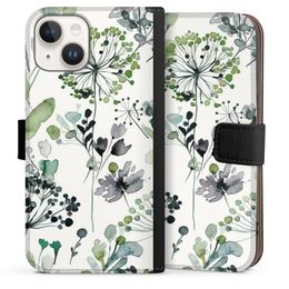 DeinDesign iPhone 14 Handy Klapph&uuml;lle Handyh&uuml;lle aus Kunst Leder schwarz Flip Case Flowers Water Colour Eukalyptus Sideflip mit Lasche