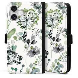 DeinDesign iPhone 16 Plus Handy Klapph&uuml;lle Handyh&uuml;lle aus Kunst Leder schwarz Flip Case Flowers Water Colour Eukalyptus Sideflip mit Lasche