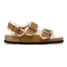 Birkenstock f&uuml;r Damen. 1025515 Milano Shearling Sandalen aus braunem Wildleder (37), Wohnung, Schnalle, L&auml;ssig