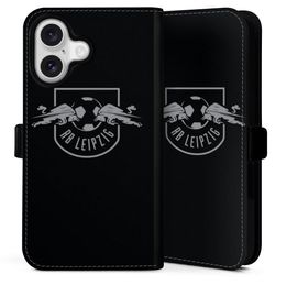 DeinDesign iPhone 16 Handy Klapph&uuml;lle Handyh&uuml;lle aus Kunst Leder schwarz Flip Case Official Licensed Product Logo Rb Leipzig Sideflip mit Lasche