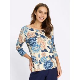 3/4-Arm-Shirt Lady "Rundhals-Shirt", Damen, Gr. 38, champagner, dunkelblau, bedruckt, 95% Viskose, 5% Elasthan, gebl&uuml;mt, gemustert, mehrfarbig, Rundhals, Shirts 3/4-Arm-Shirt