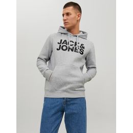 Jack & Jones JACK & JONES Herren Kapuzensweatshirt "JJECORP Kapuze und Frontprint", grau, Gr. XL, bedruckt, Obermaterial: 68% Baumwolle, 28% Polyester, 4%