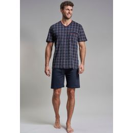 G&ouml;tzburg G&Ouml;TZBURG Herren Shorty "Bronx", Gr. 56, blau, Single Jersey, Obermaterial: 100% Baumwolle, bedruckt, kariert, Homewear-Sets, Kurzarm, V-Ausschnitt,