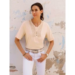 Spitzenshirt Inspirationen "Kurzarm-Shirt", Damen, Gr. 36, beige (elfenbein), 95% Baumwolle, 5% Elasthan, unifarben, V-Ausschnitt, Shirts