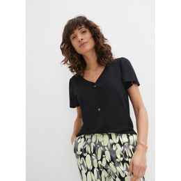 bonprix Damen T-Shirt "Shirt mit Knopfleiste", schwarz, Gr. 56, Obermaterial: 64% Polyester, 32% Viskose, 4% Elasthan, Shirts, Shirt mit Knopfleiste