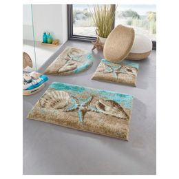 Badematte Grundt&uuml;rkis, sand, bedruckt, Badematten