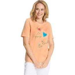 Damen Kurzarmshirt mit platziertem Herz-Print apricot-reseda, Gr&ouml;&szlig;e 42