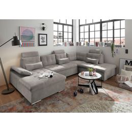 Wohnlandschaft ED EXCITING DESIGN "Jakarta U-Form mit Bettfunktion, Bettkasten", grau (grau, beige), B:324cm H:107cm T:218cm, 92% Polyester, 8% Nylon, Sofas, Wohnlandschaft, Armteilverstellung, Kopfst&uuml;tzen & 3 Nierenkissen, Topseller