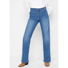 Straight-Jeans bonprix "Straight-Jeans High Waist, Stretch", Damen, Gr. 40, N-Gr, blau (blau denim used), Denim/Jeans, Obermaterial: 82% Baumwolle, 17% Polyester, 1% Elasthan, unifarben, regular fit lang, Jeans Straight-Jeans, Straight-Jeans High Waist, Stretch