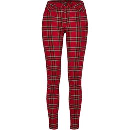Stoffhose Urban Classics "Urban Classics Damen Ladies Skinny Tartan Pants", Damen, Gr. 31, Normalgr&ouml;&szlig;en, rot, schwarz, 71% Viskose, 25% Polyester, 4% Elasthan, kariert, skinny fit, Hosen Stoffhose