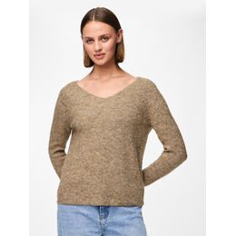 V-Ausschnitt-Pullover Pieces "PCELLEN LS V-NECK KNIT NOOS BC", Damen, Gr. L, beige (fossil), Strick, Obermaterial: 62% Polyester, 22% Polyacryl, 9% Nylon, 4% Elasthan, 3% Wolle, unifarben, figurumspielend hüftlang, V-Ausschnitt, Pullover, mit Wolle, Topseller