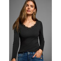 Langarmshirt AJC, Damen, Gr. 36/38 (S), schwarz, Rippware, Obermaterial: 100% Baumwolle. Spitze: 100% Polyester, clean, unifarben, sehr figurbetont h&uuml;ftlang, tiefer V-Ausschnitt, Shirts Langarmshirt, Langarm, figurbetont, mit zauberhafter Spitze