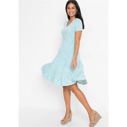 Jerseykleid bonprix, Damen, Gr. 44/46 (L), N-Gr, blau (t&uuml;rkisblau gebl&uuml;mt), Obermaterial: 95% Viskose, 5% Elasthan, A-Linie, Kleider Jerseykleid