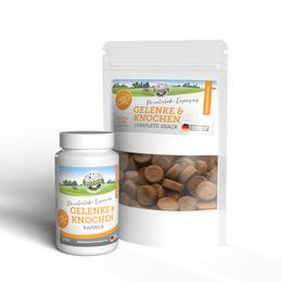 Gelenke & Knochen Sparset von Bellfor mit Magnesiumstearat, Kartoffelst&auml;rke, Lupinenmehl und Tapiokast&auml;rke + Complete-Snack f&uuml;r Hunde