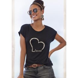 Kurzarmshirt Lascana "mit Lascana Herz Print", Damen, Gr. 32/34, schwarz, Single Jersey, Obermaterial: 95% Viskose (Birla&trade;), 5% Elasthan, bedruckt, figurumspielend normal, Rundhals, angeschnitten Umschlagsaum, Shirts, aus weichem Viskose-Stretch