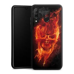 DeinDesign Huawei P30 Lite Handy Premium Silikon H&uuml;lle Handyh&uuml;lle schwarz Case Totenkopf Fire Skull Silikon Premium Case