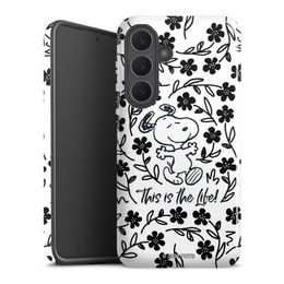 DeinDesign Galaxy S25 FE Handy Panzer Handyh&uuml;lle robuste Outdoor H&uuml;lle Schutzh&uuml;lle gl&auml;nzend Peanuts Flowers Snoopy Tough Case