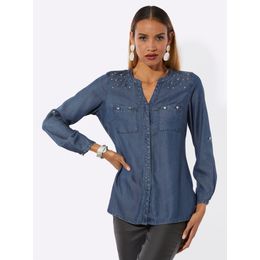 CR&Eacute;ATION L Langarmbluse CREATION L, Damen, Gr. 40, blau, bleached, 100% Lyocell, unifarben, V-Ausschnitt, Blusen
