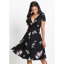 Jerseykleid bonprix, Damen, Gr. 44/46 (L), N-Gr, schwarz (schwarz gebl&uuml;mt), Obermaterial: 95% Viskose, 5% Elasthan, ausgestellt, Kleider Jerseykleid